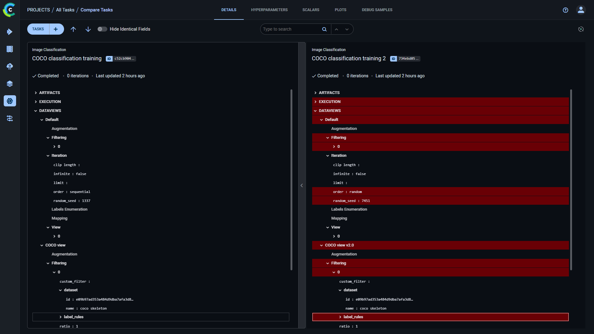 Comparing Dataviews | ClearML