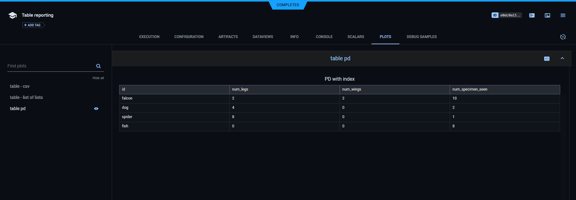 Tables Reporting (Pandas and CSV Files) | ClearML