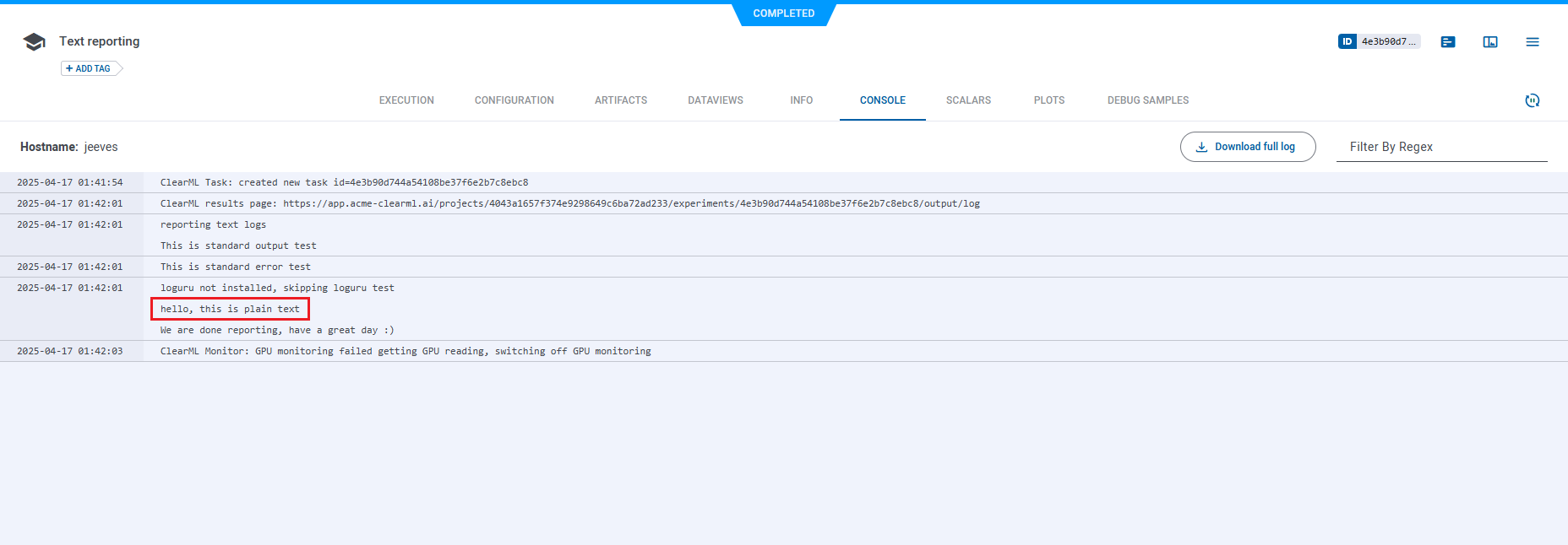 Text Reporting | ClearML