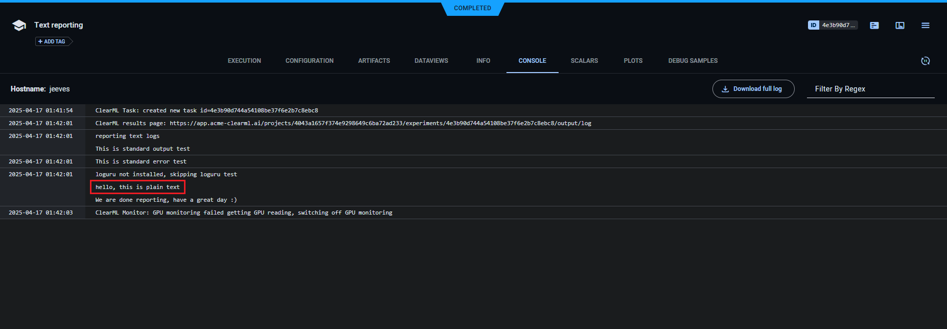 Text Reporting | ClearML