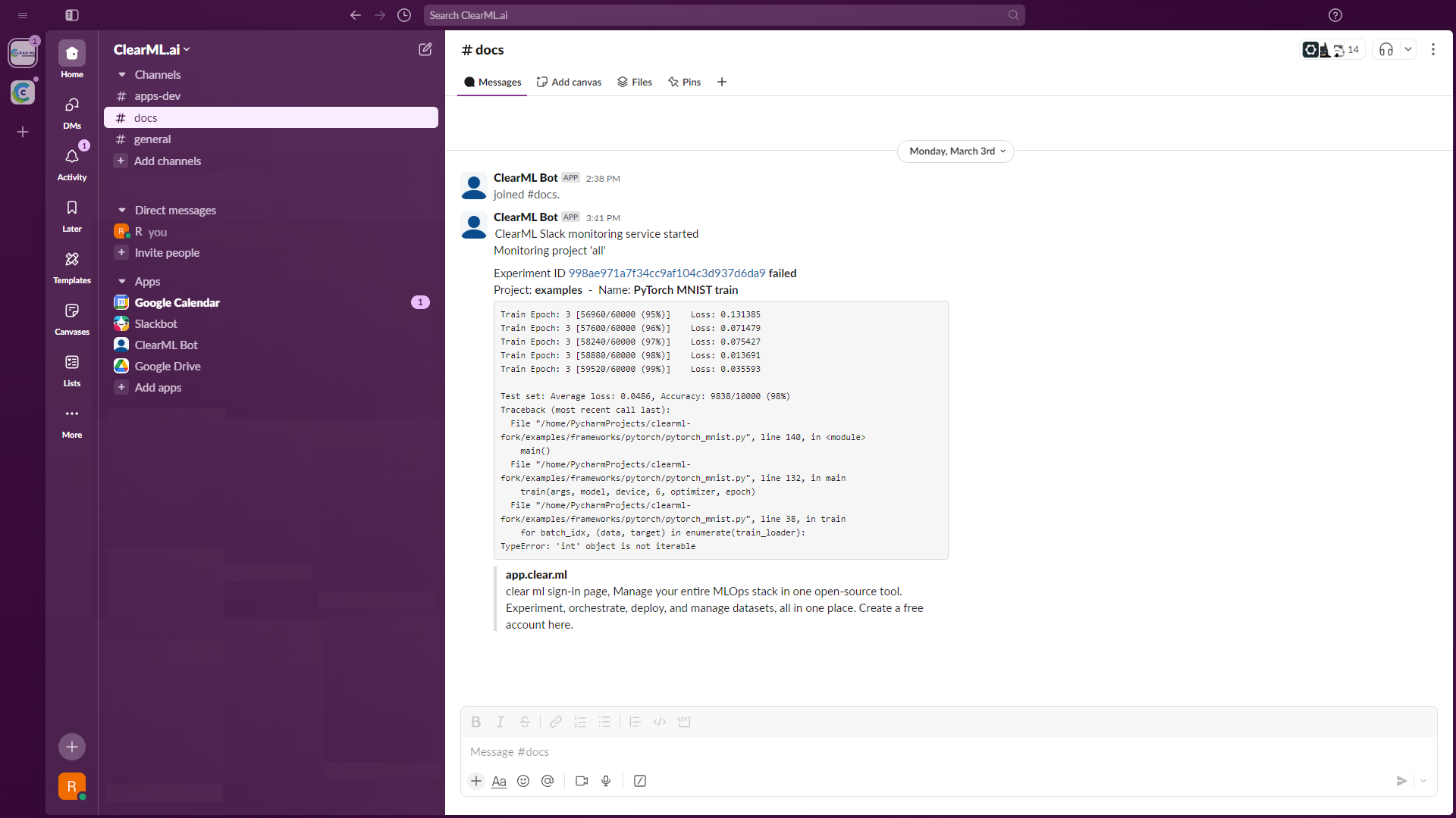 Monitoring Service Posting Slack Alerts | ClearML