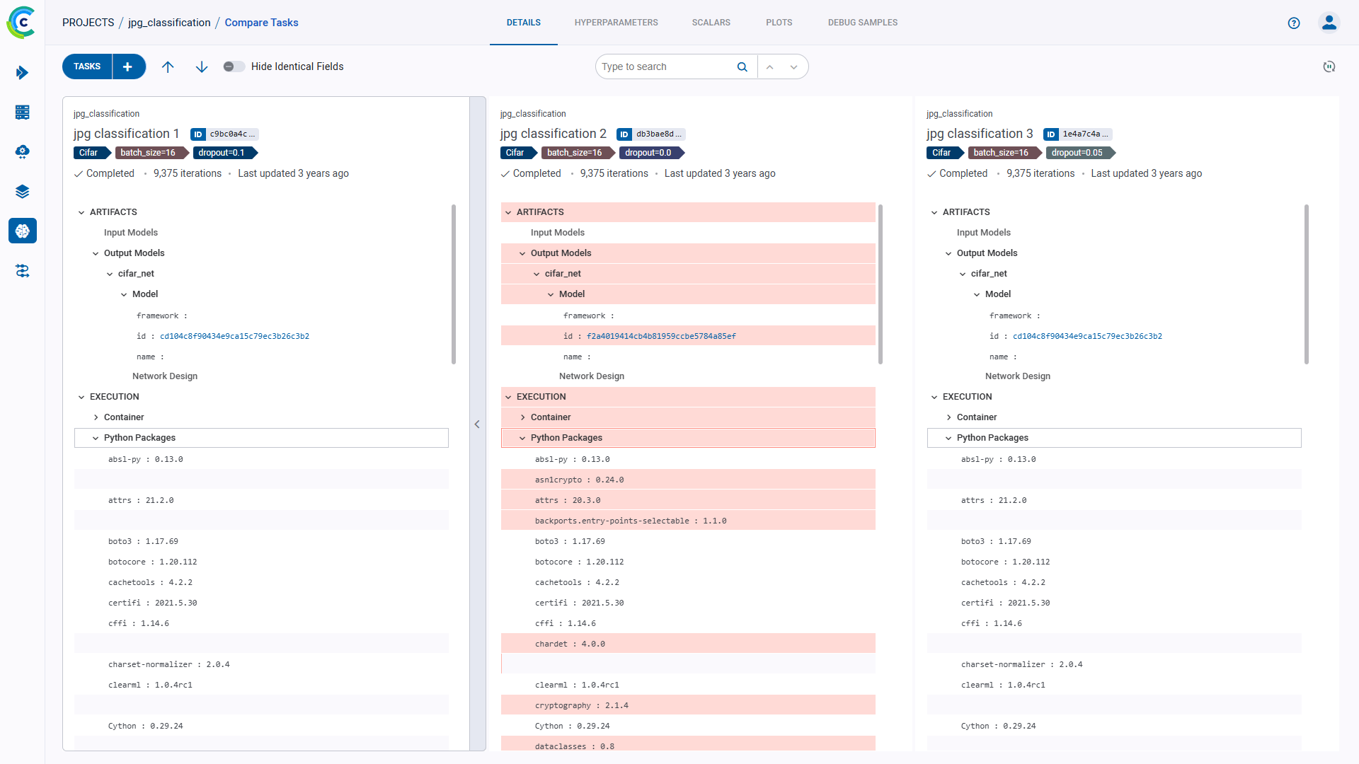 Comparing Tasks | ClearML